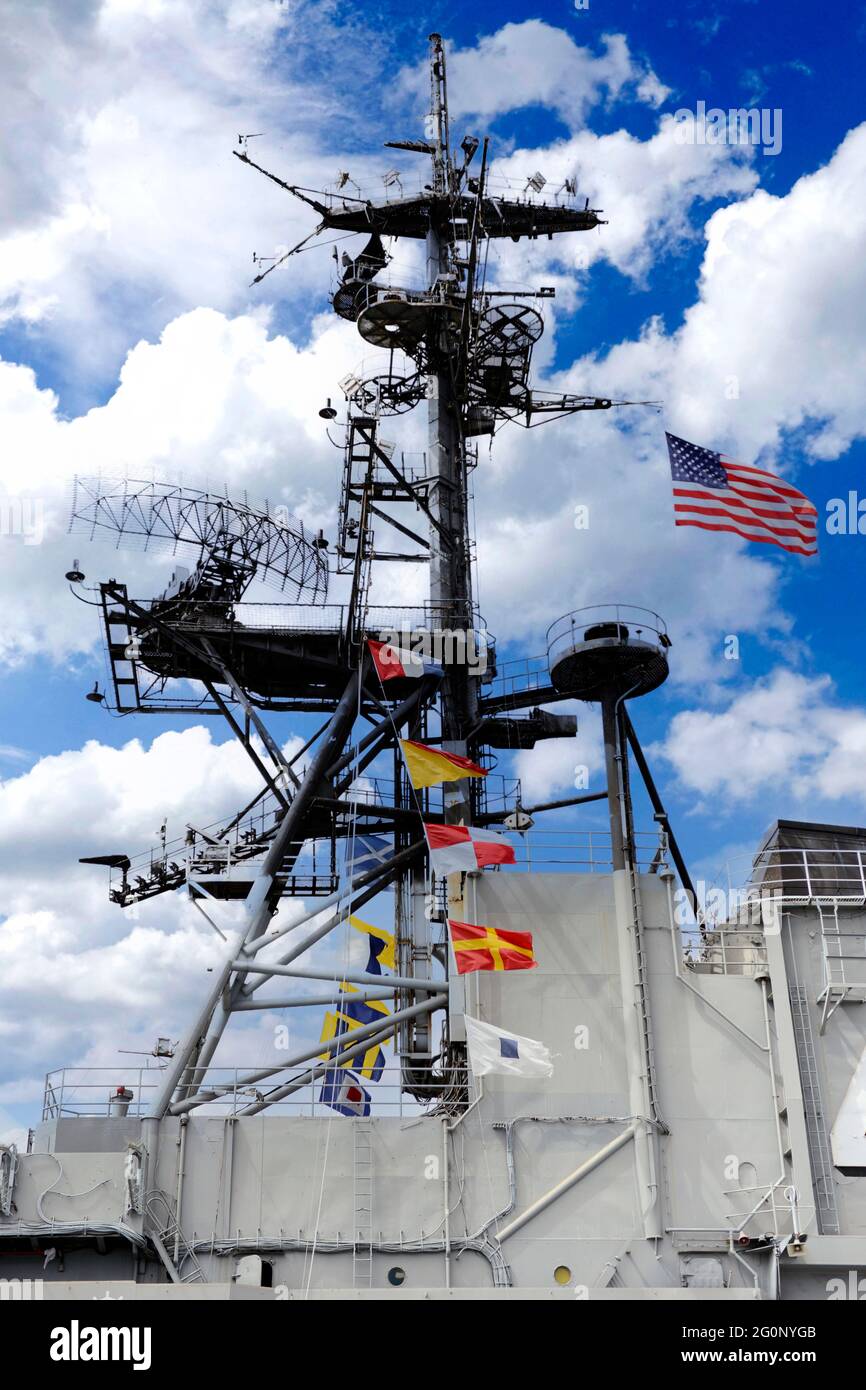 Flags saying "Midway Tours" hoisted on the USS Midway aircraft carrier ...