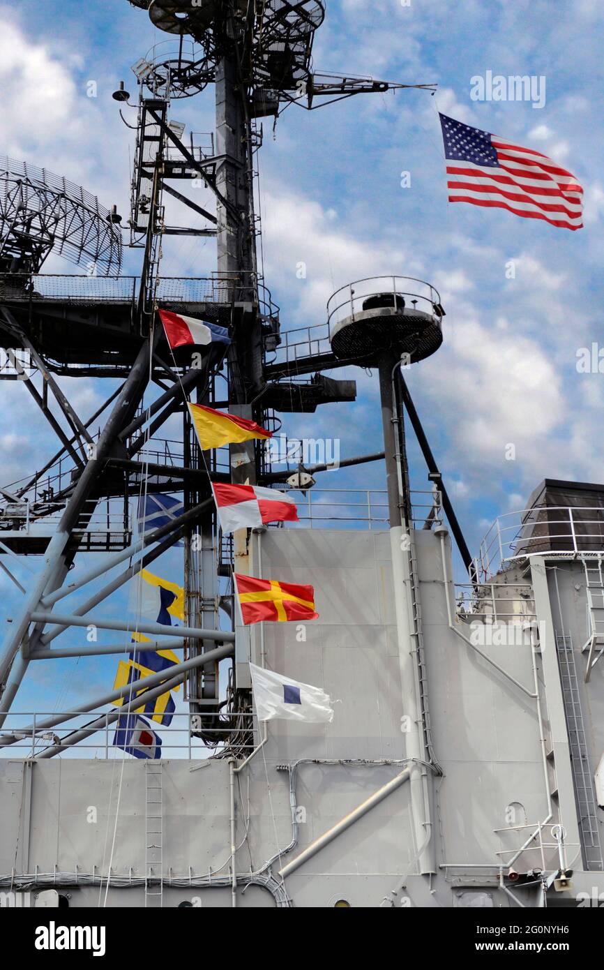Flags saying "Midway Tours" hoisted on the USS Midway aircraft carrier ...