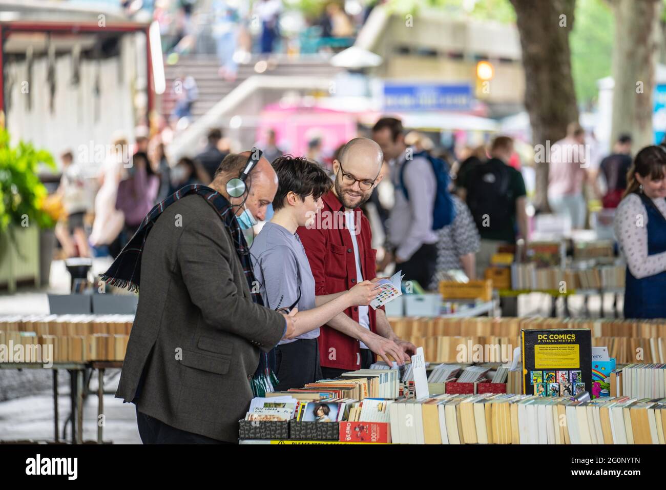 Second hand book market under Waterloo Bridge. UK, London, May 29, 2021 ...