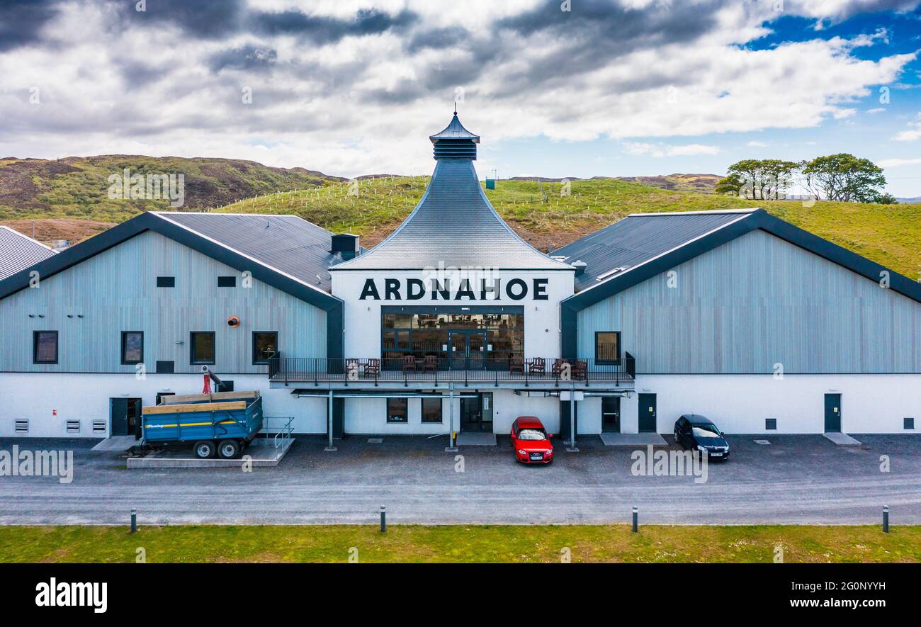 Aerial view from drone of new Ardnahoe scotch whisky distillery on ...