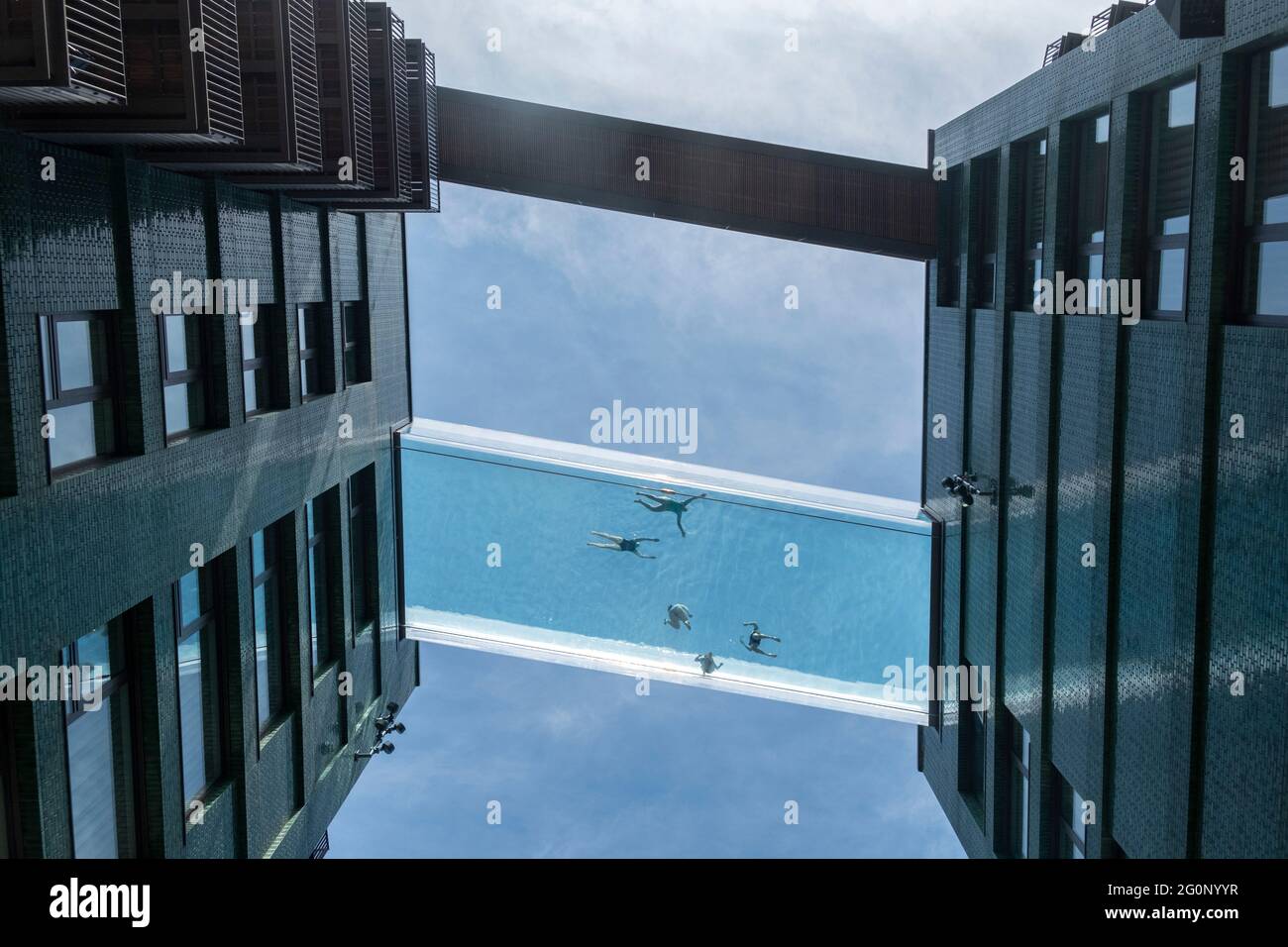 Swimmers use Sky Pool first floating Swimming Pool, London, United ...
