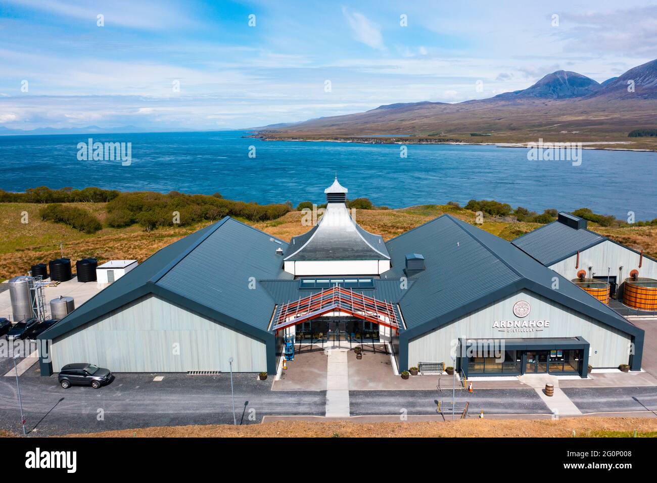 Aerial view from drone of new Ardnahoe scotch whisky distillery on ...