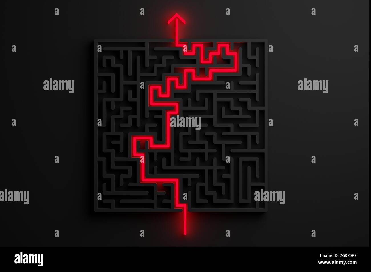 Red glowing path thru black maze or labyrinth over black background ...