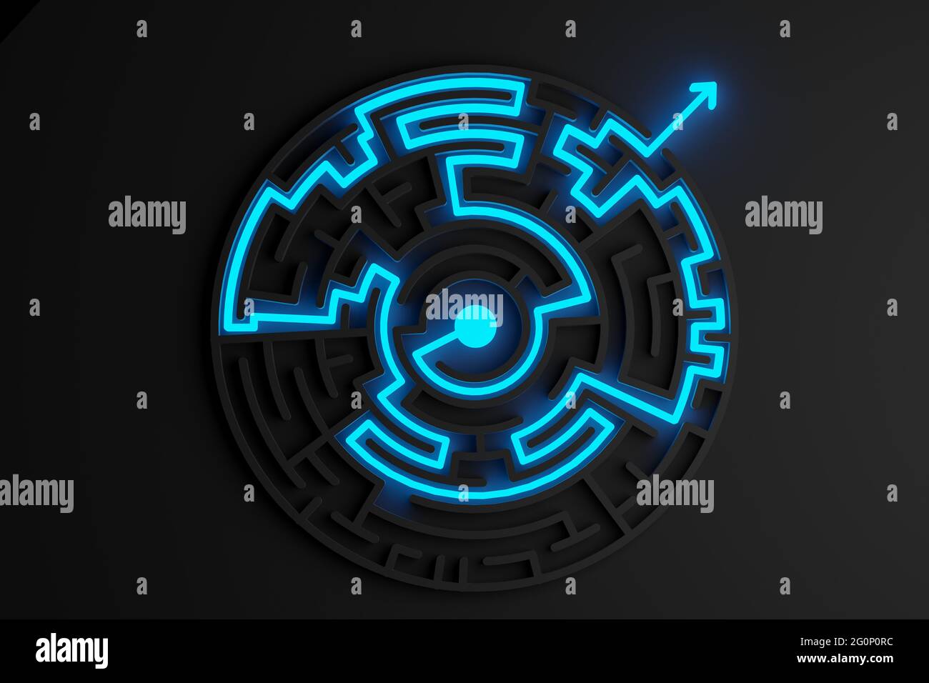 Blue glowing path thru black maze or labyrinth over black background ...