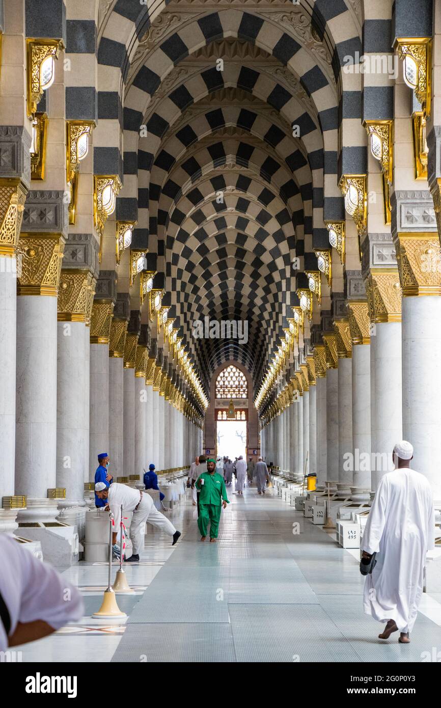 Interior design of Prophet's Mosque in Medina. Beautiful columns of ...