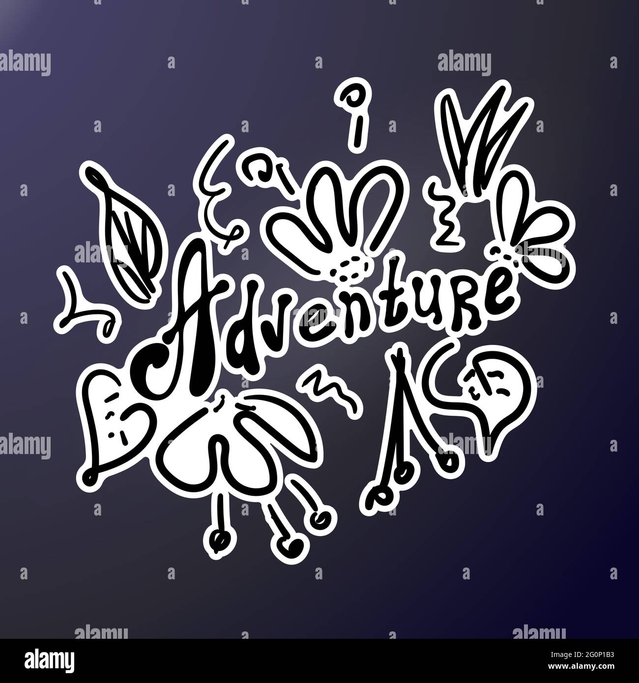 Adventure lettering in doodle style. Vector ink hand drawing. Black and ...