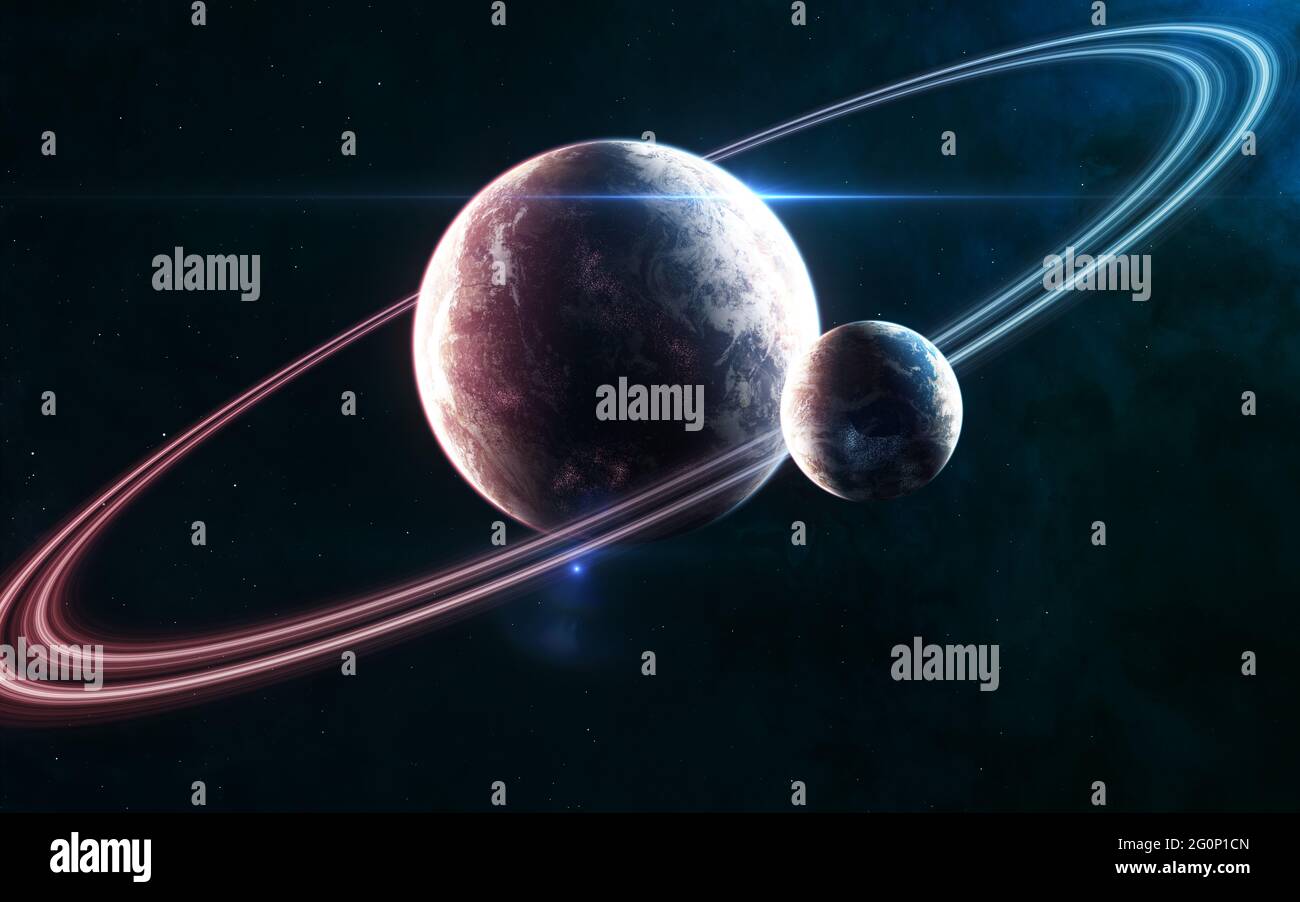 Deep space planets in light of blue and red star. Beautiful cosmic ...