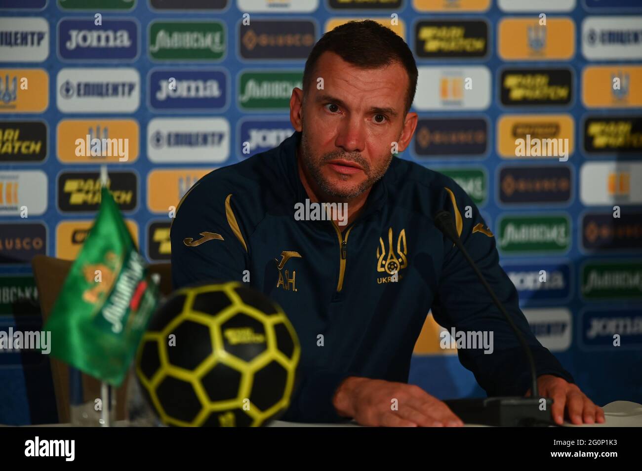 Kharkiv, Ukraine - June 2, 2021: Press conference of head coach of ...