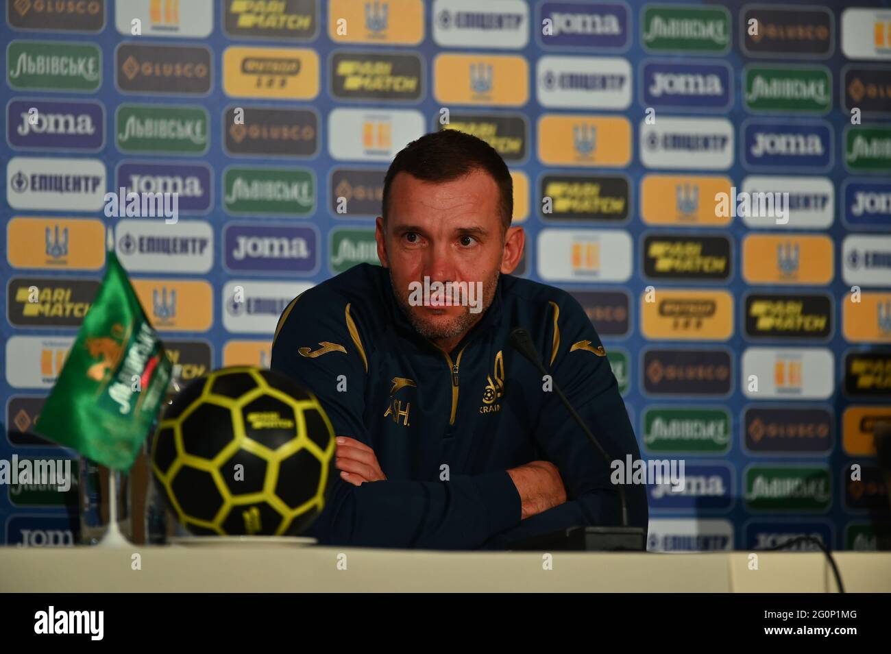 Kharkiv, Ukraine - June 2, 2021: Press conference of head coach of ...