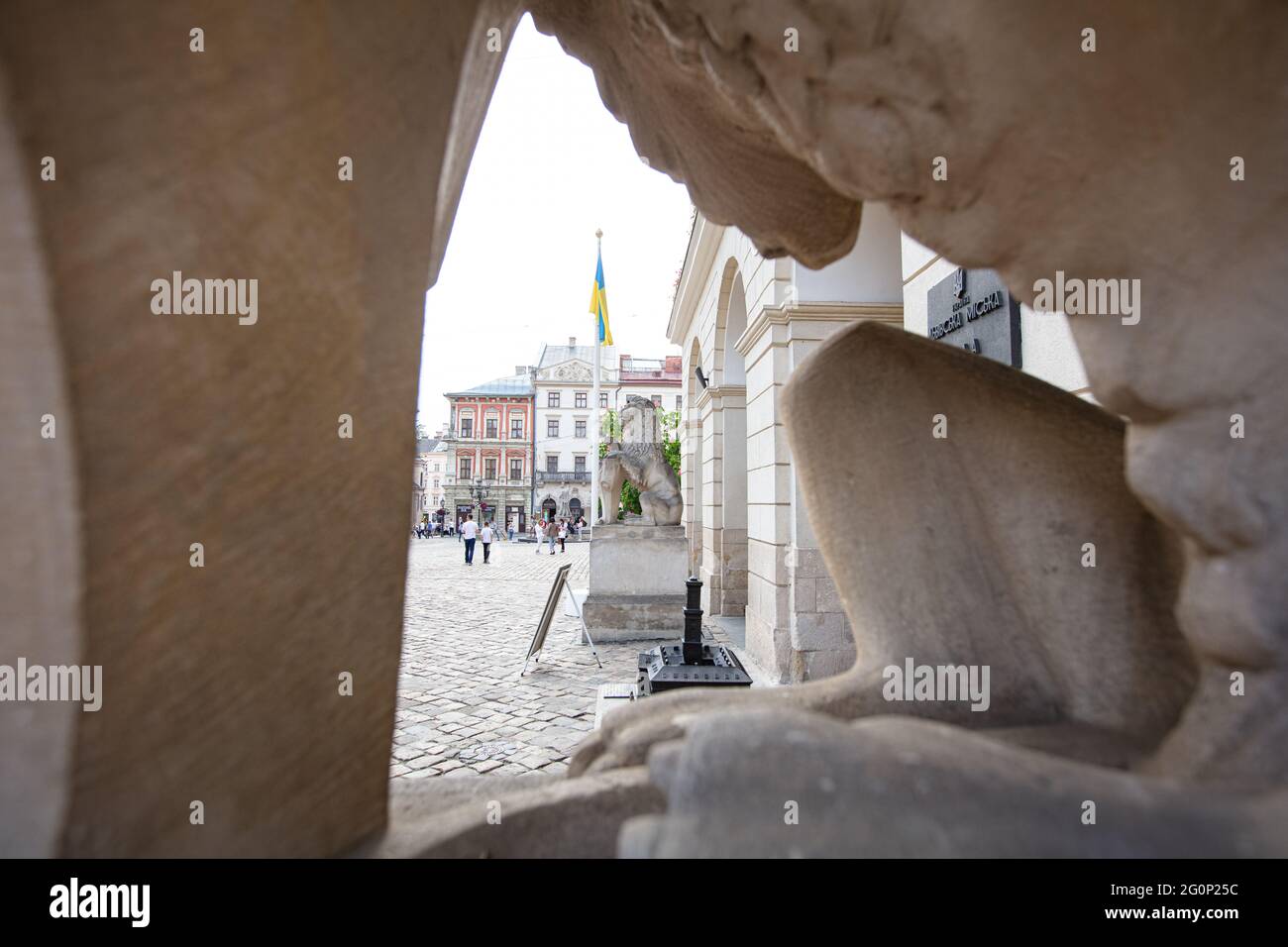 Lviv, Ukraine - May 17, 2021: Sculpture of Lion near Lviv City hall ...