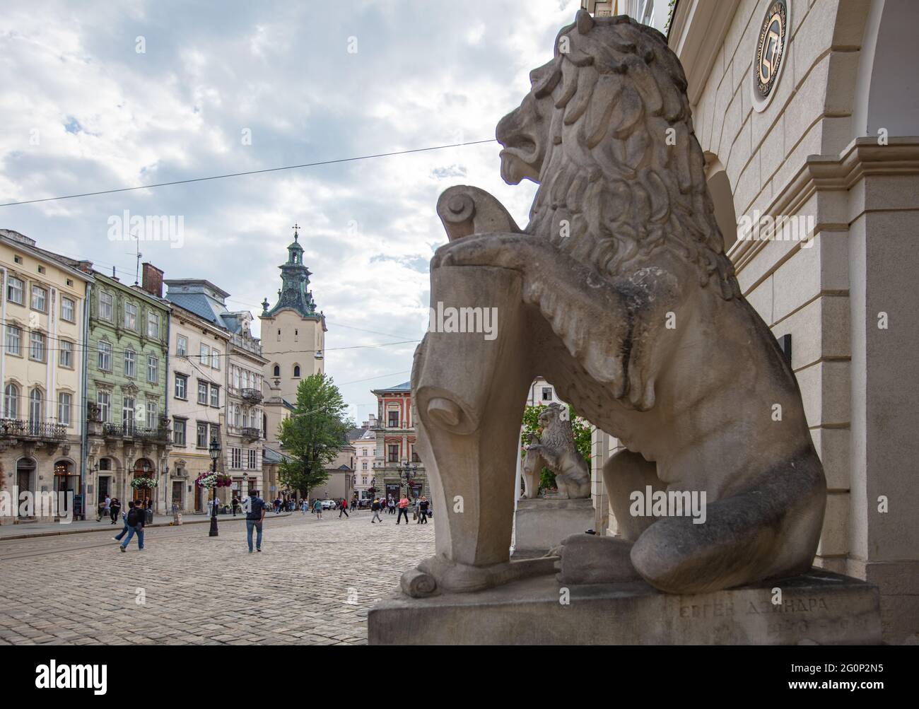 Lviv, Ukraine - May 17, 2021: Sculpture of Lion near Lviv City hall ...