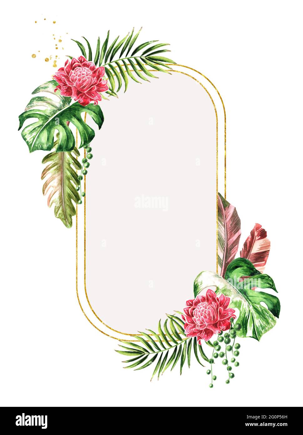 Leaves and flowers of exotic tropical or jungle plant frame, Watercolor ...