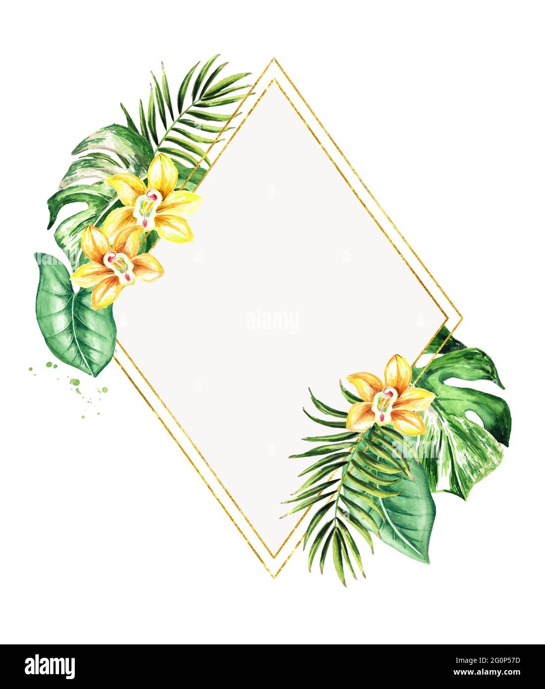 Leaves and flowers of exotic tropical or jungle plant frame, Watercolor ...