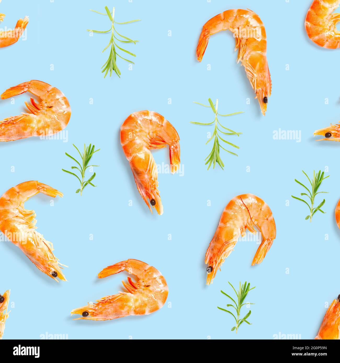 Tiger shrimp. Seamless pattern made from Prawn isolated on a blue ...