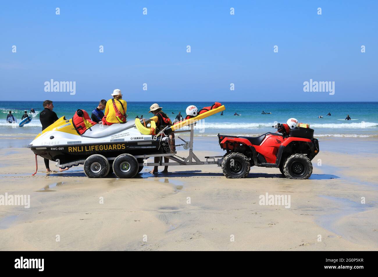 Life guards on safe and sandy Porthmeor beach, popular with surfers and ...