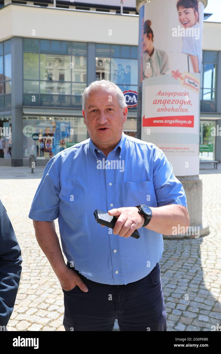 Mike Moncsek beim AfD Bundestagswahlkampf in Görlitz am 02.06.2021 ...