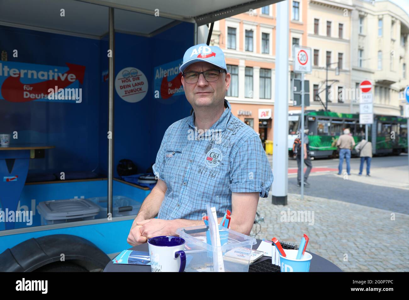 Lutz Jankus beim AfD Bundestagswahlkampf in Görlitz am 02.06.2021 Stock ...