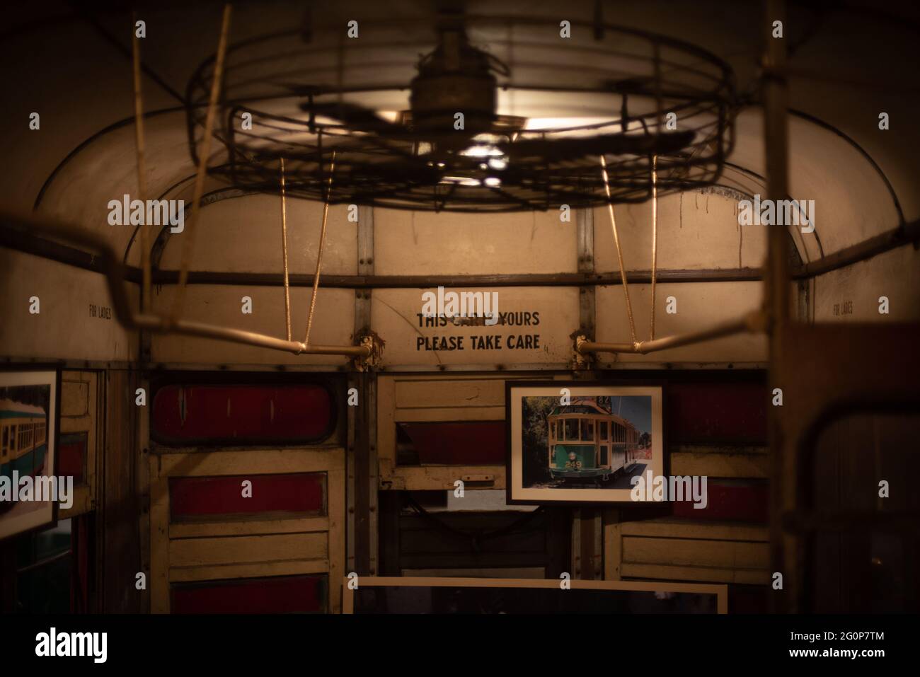 Interior of an old vintage bus with photos on the walls Stock Photo - Alamy