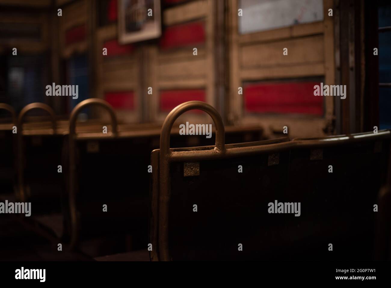 Interior of an old vintage bus with photos on the walls Stock Photo - Alamy