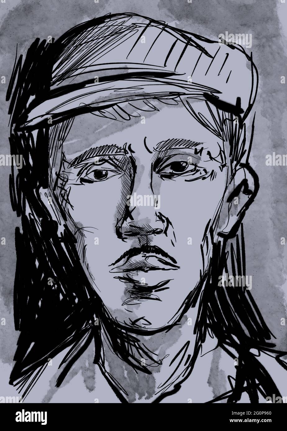 sketch portrait of a man in a hat character design Stock Photo - Alamy