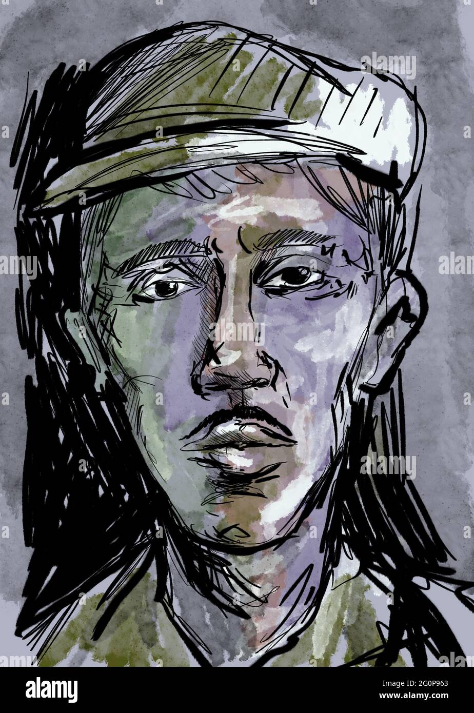 sketch portrait of a man in a hat character design Stock Photo - Alamy