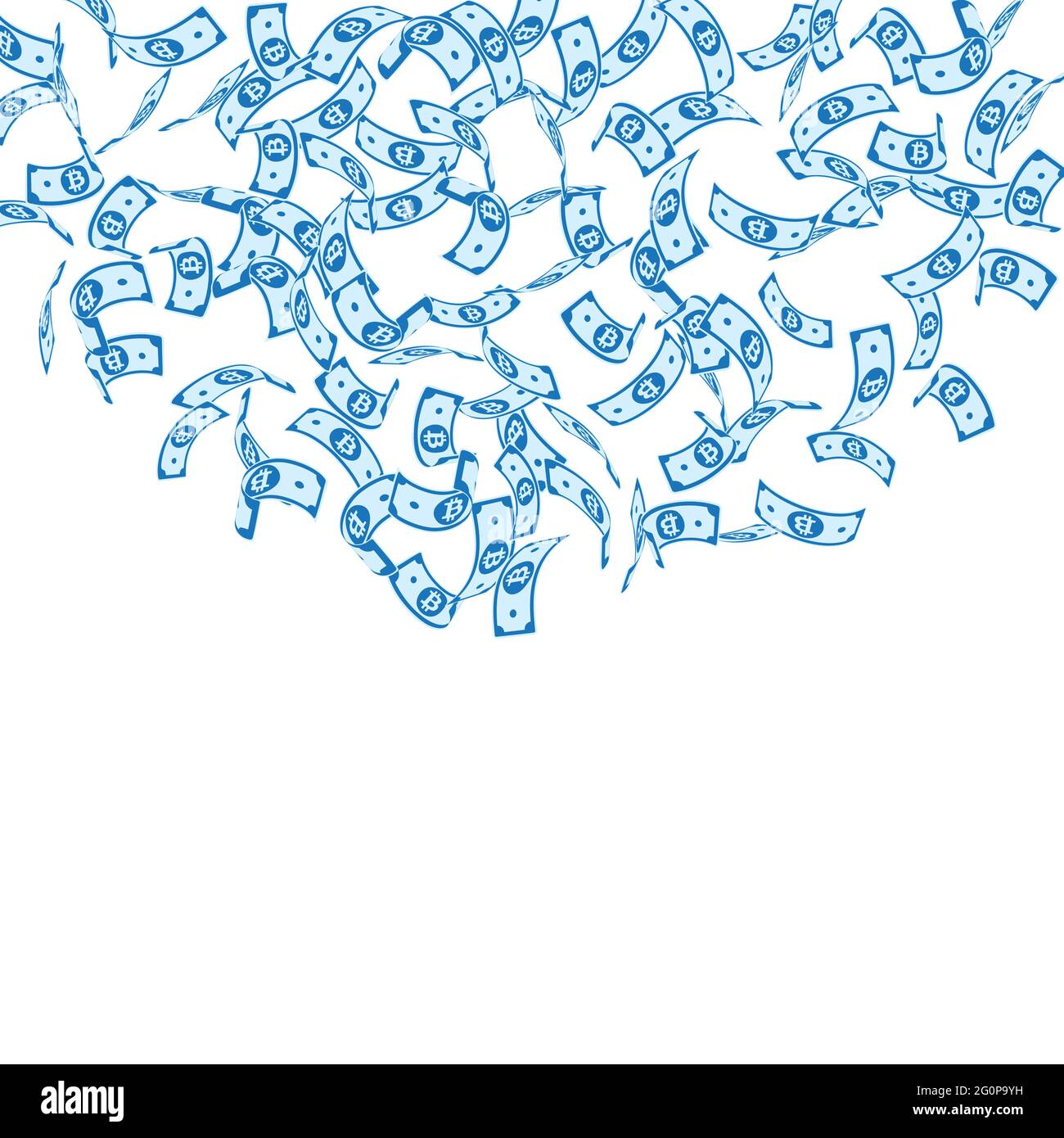 Bitcoin, internet currency notes falling. Sparse BTC bills on white ...