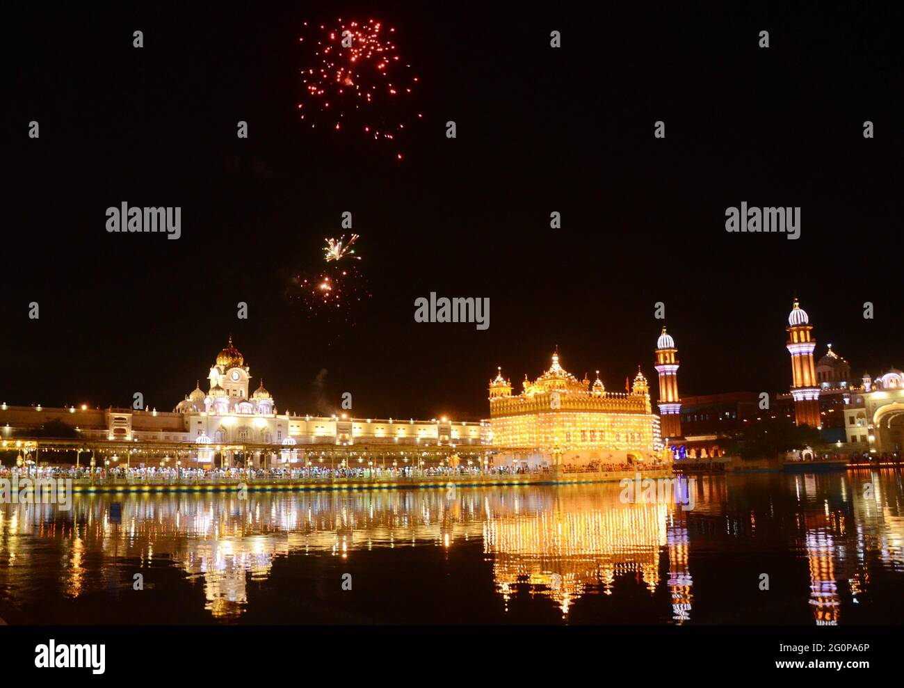 AMRITSAR, INDIA - JUNE 2: Fireworks at Golden Temple on the occasssion ...