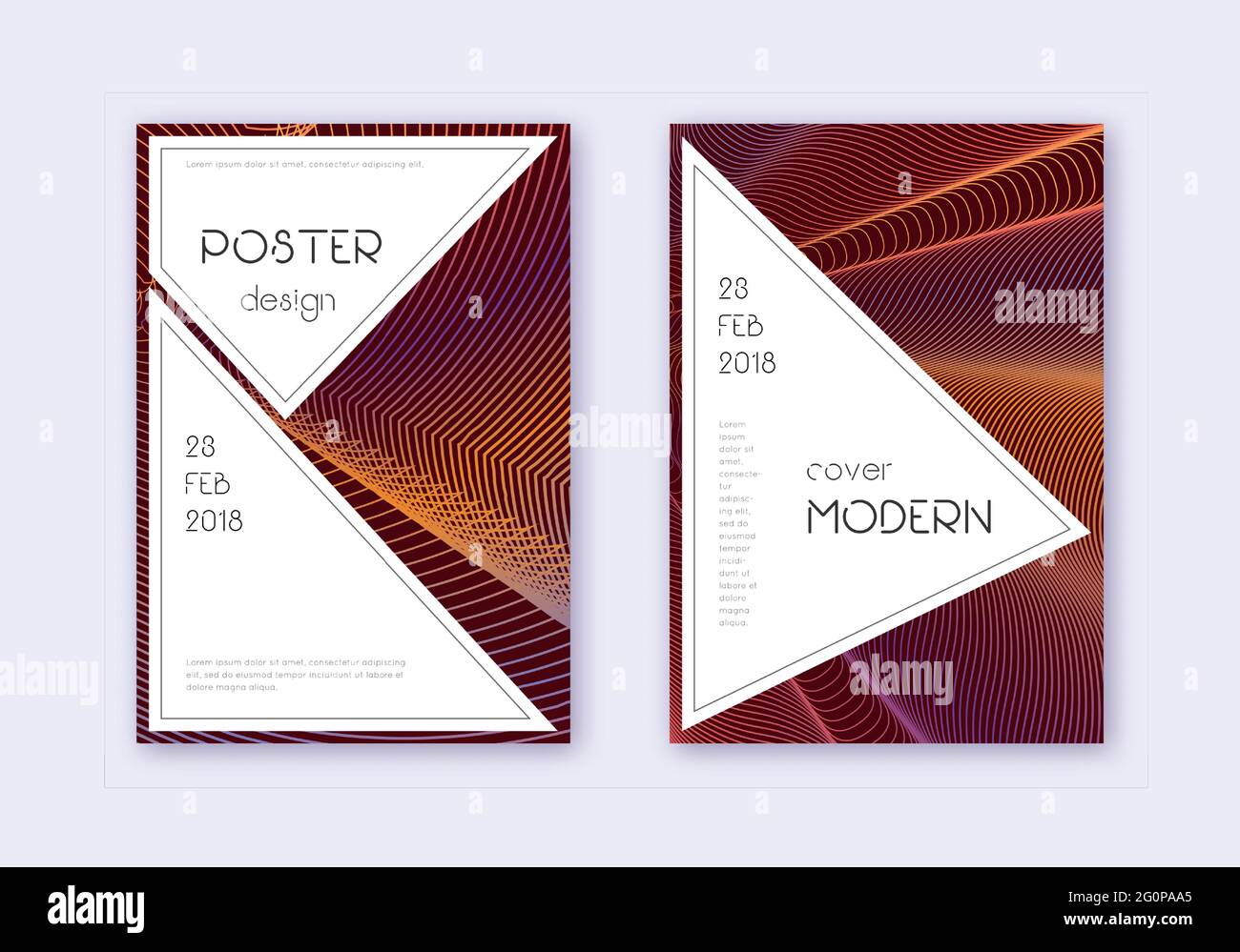 Stylish cover design template set. Orange abstract lines on wine red ...