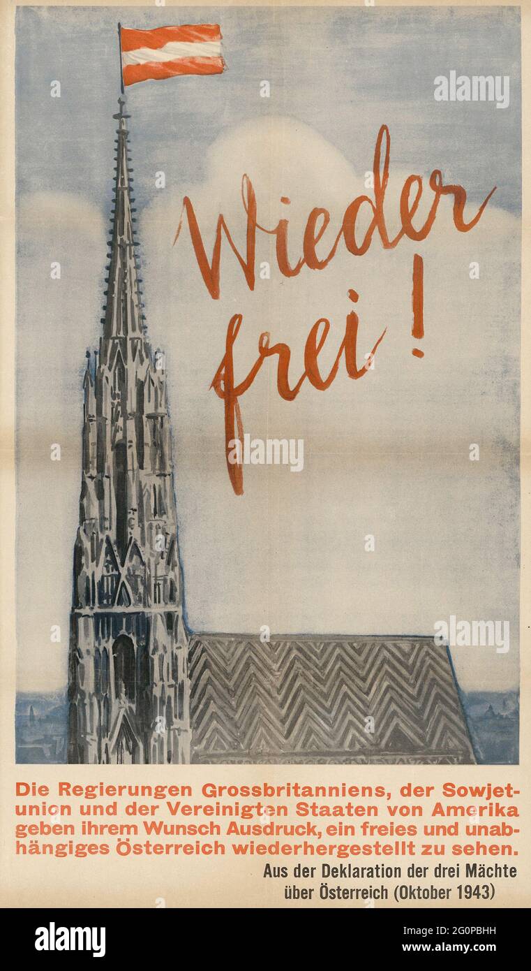 A vintage poster from 1945 showing the Austrian flag flying with the ...