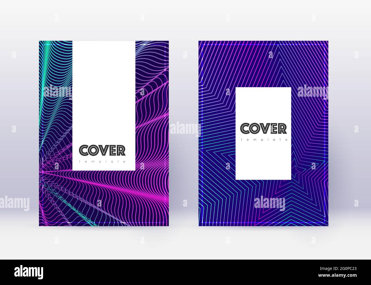 Hipster cover design template set. Neon abstract lines on dark blue ...