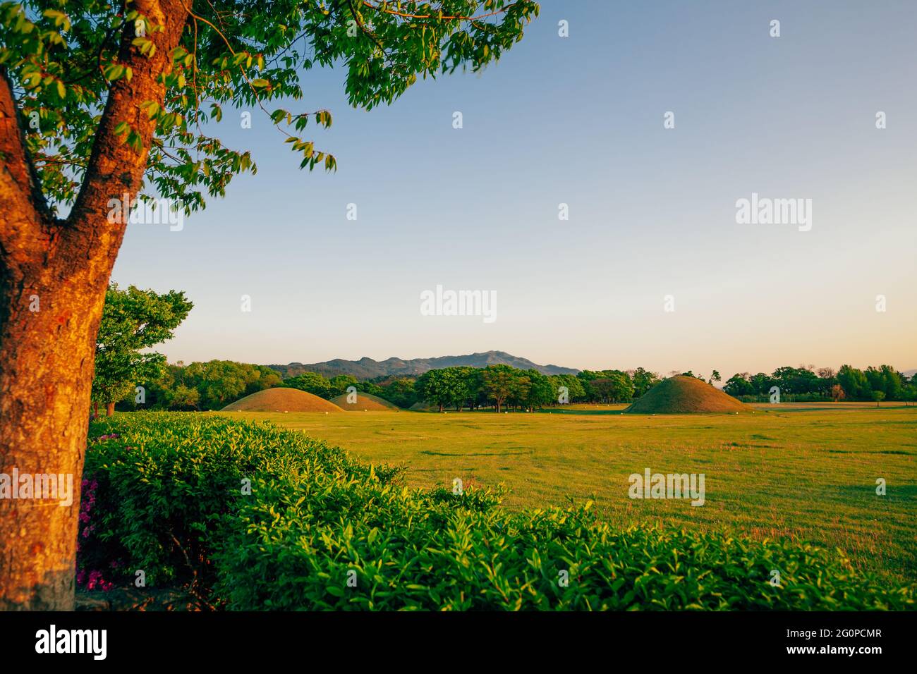 Sunset of Inwang-dong ancient tomb complex in Gyeongju, Korea Stock ...