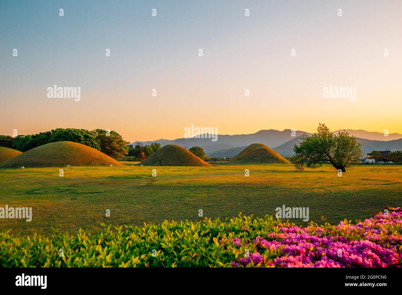 Sunset of Inwang-dong ancient tomb complex in Gyeongju, Korea Stock ...