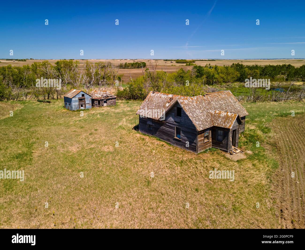 An aerial view of the old, abandoned farms and buildings that were ...
