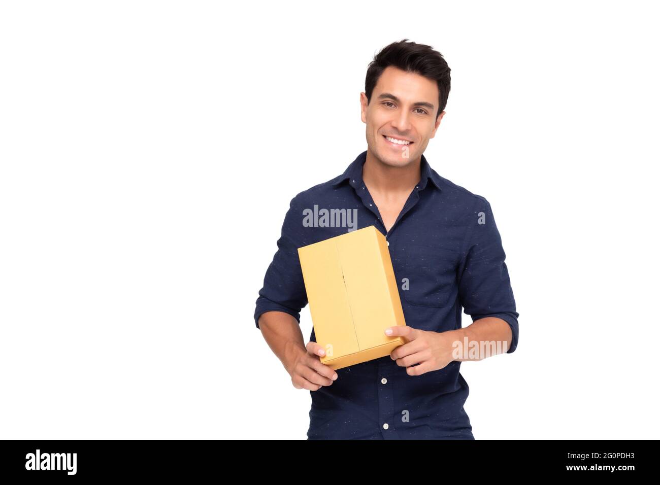 Happy man holding package parcel box, Delivery courier and shipping ...