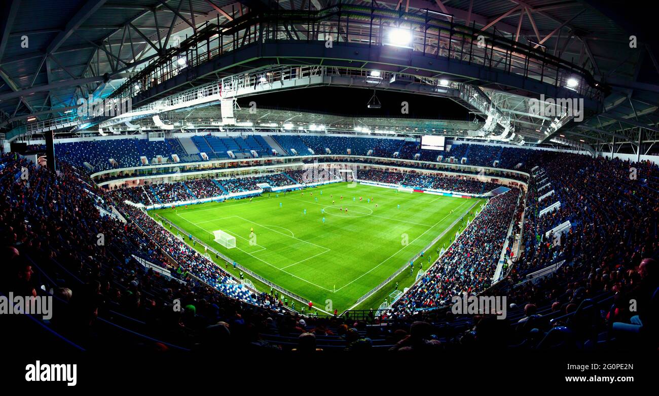 Football stadium, shiny lights, view from field. Soccer concept Stock ...