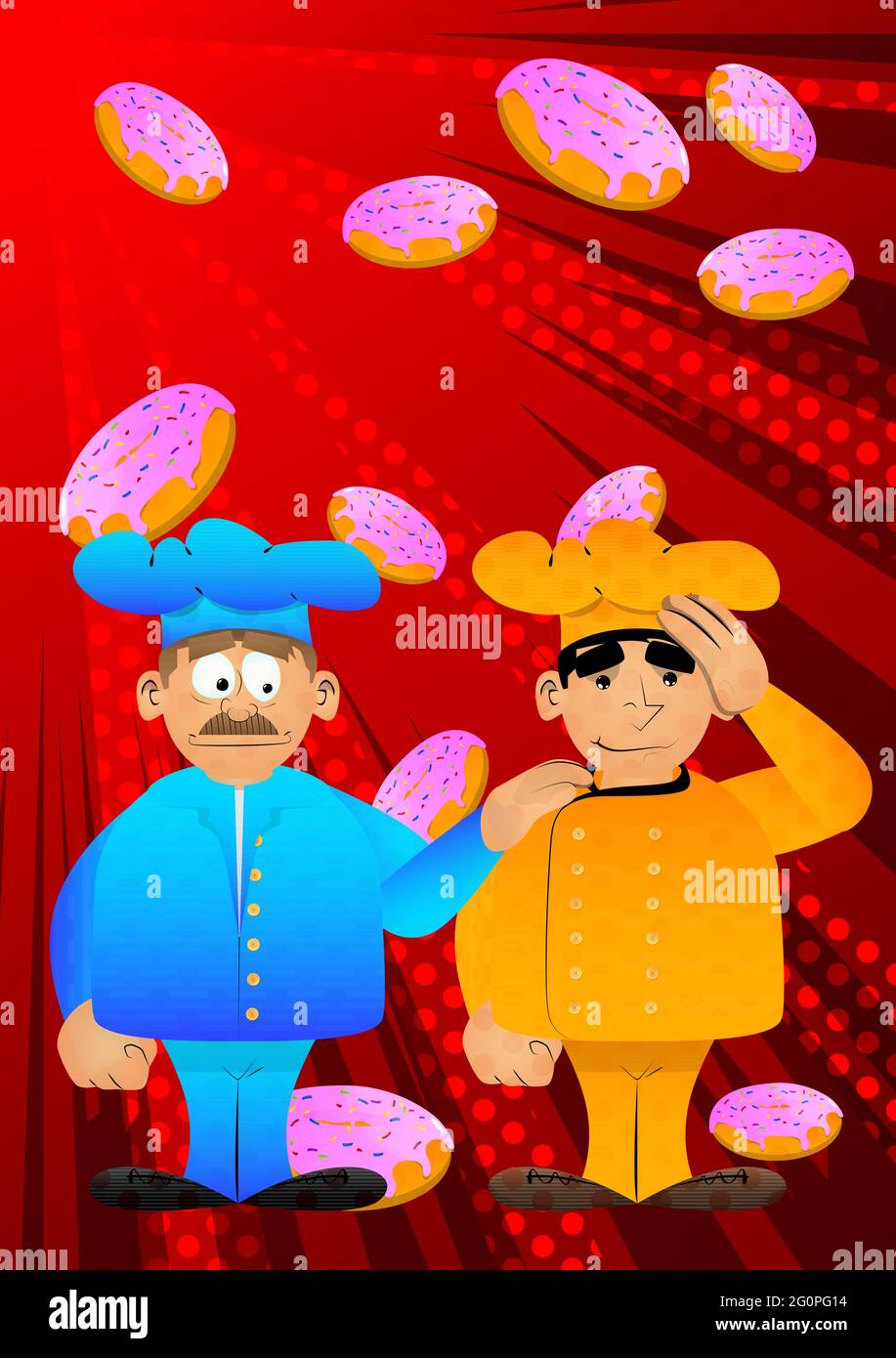 Fat male cartoon chef in uniform comforting another. Vector ...