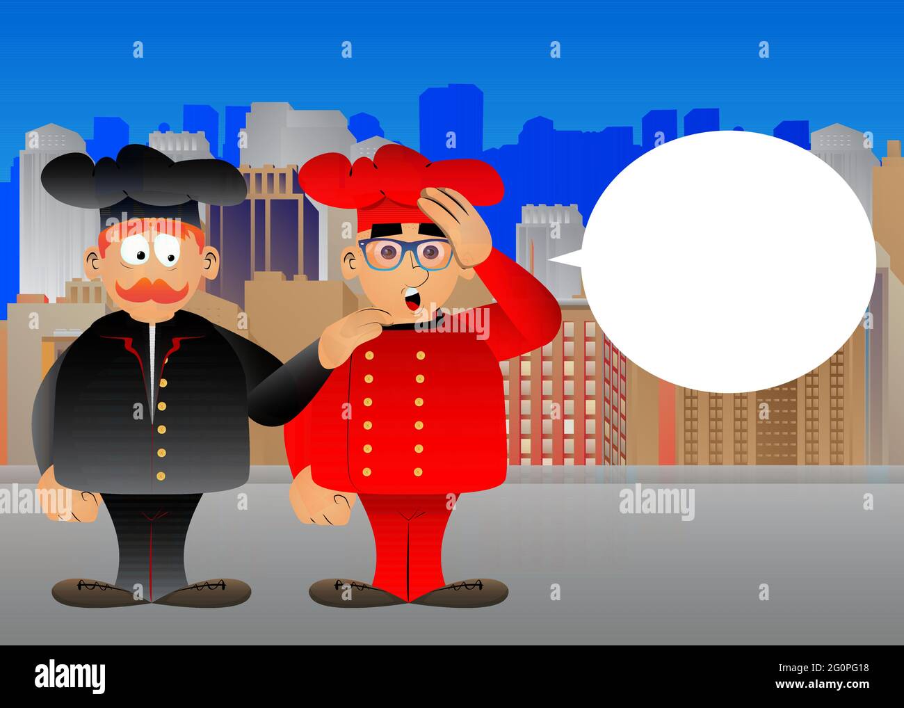 Fat male cartoon chef in uniform comforting another. Vector ...