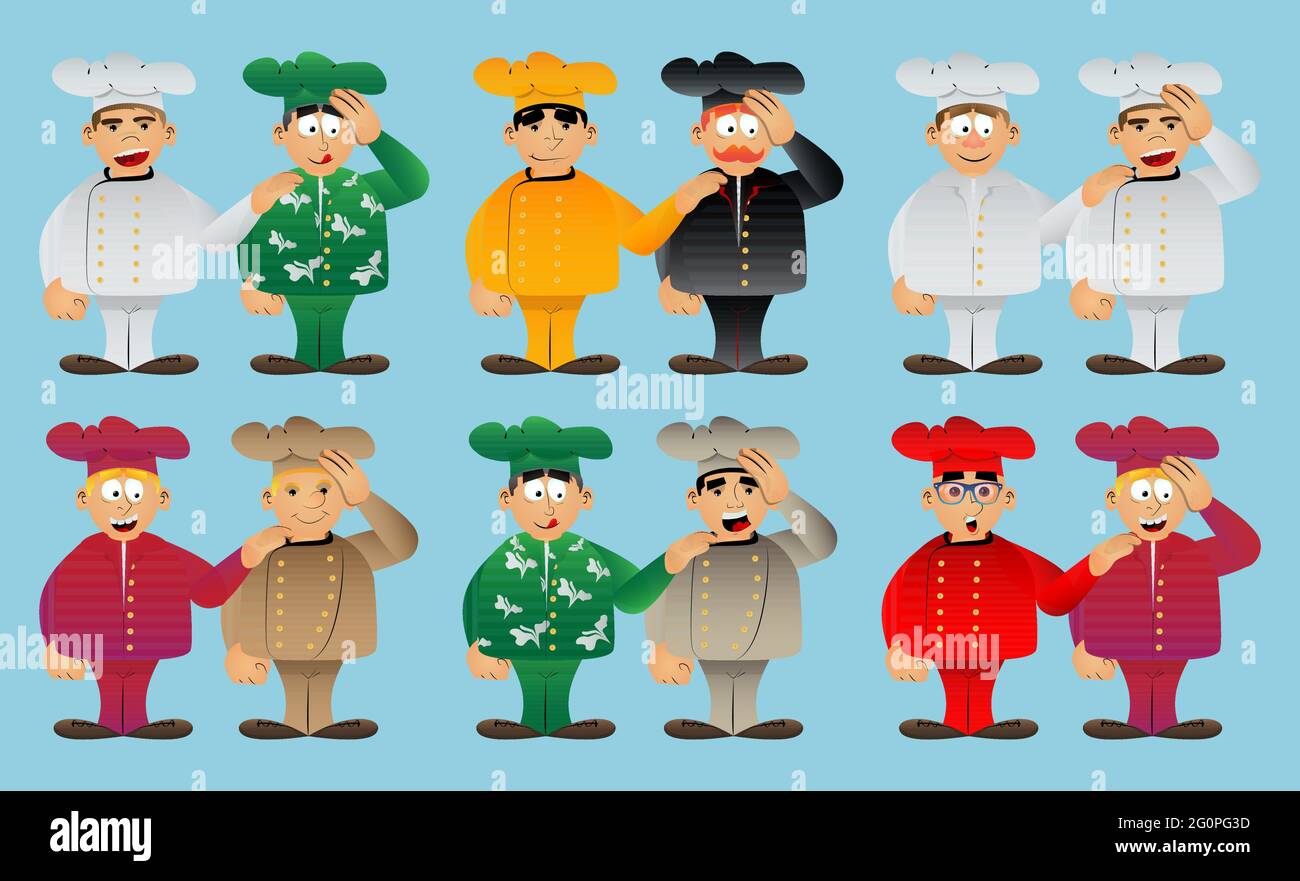 Fat male cartoon chef in uniform comforting another. Vector ...