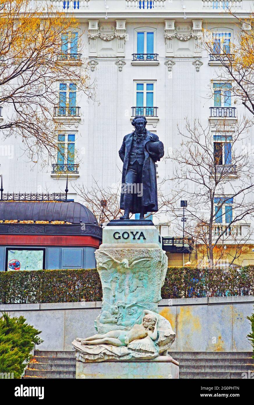 Goya monument located before a museum in the park, Madrid, Spain Stock ...
