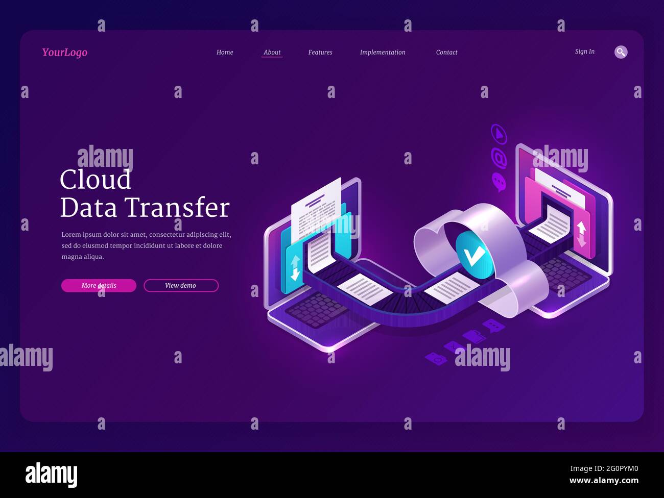 Cloud data transfer banner. Online technologies for exchange files and documents between ...