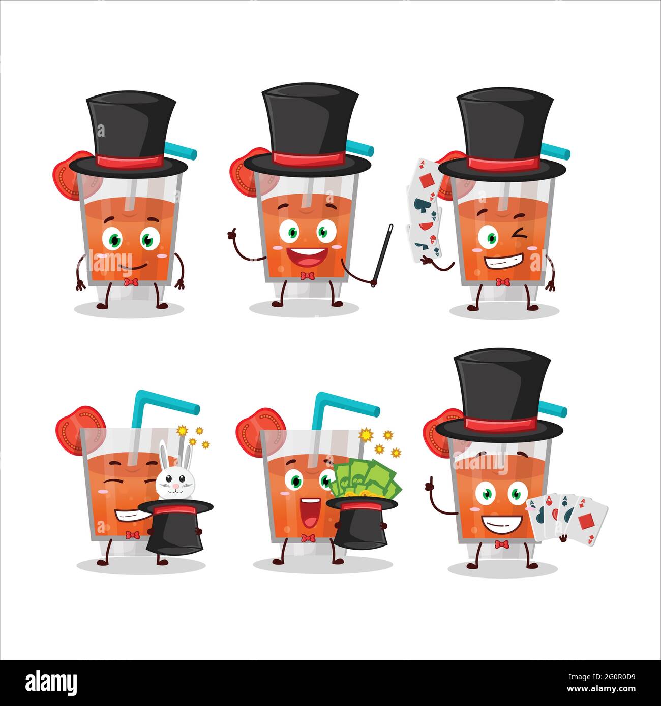 A tomato juice Magician cartoon character perform on a stage. Vector ...