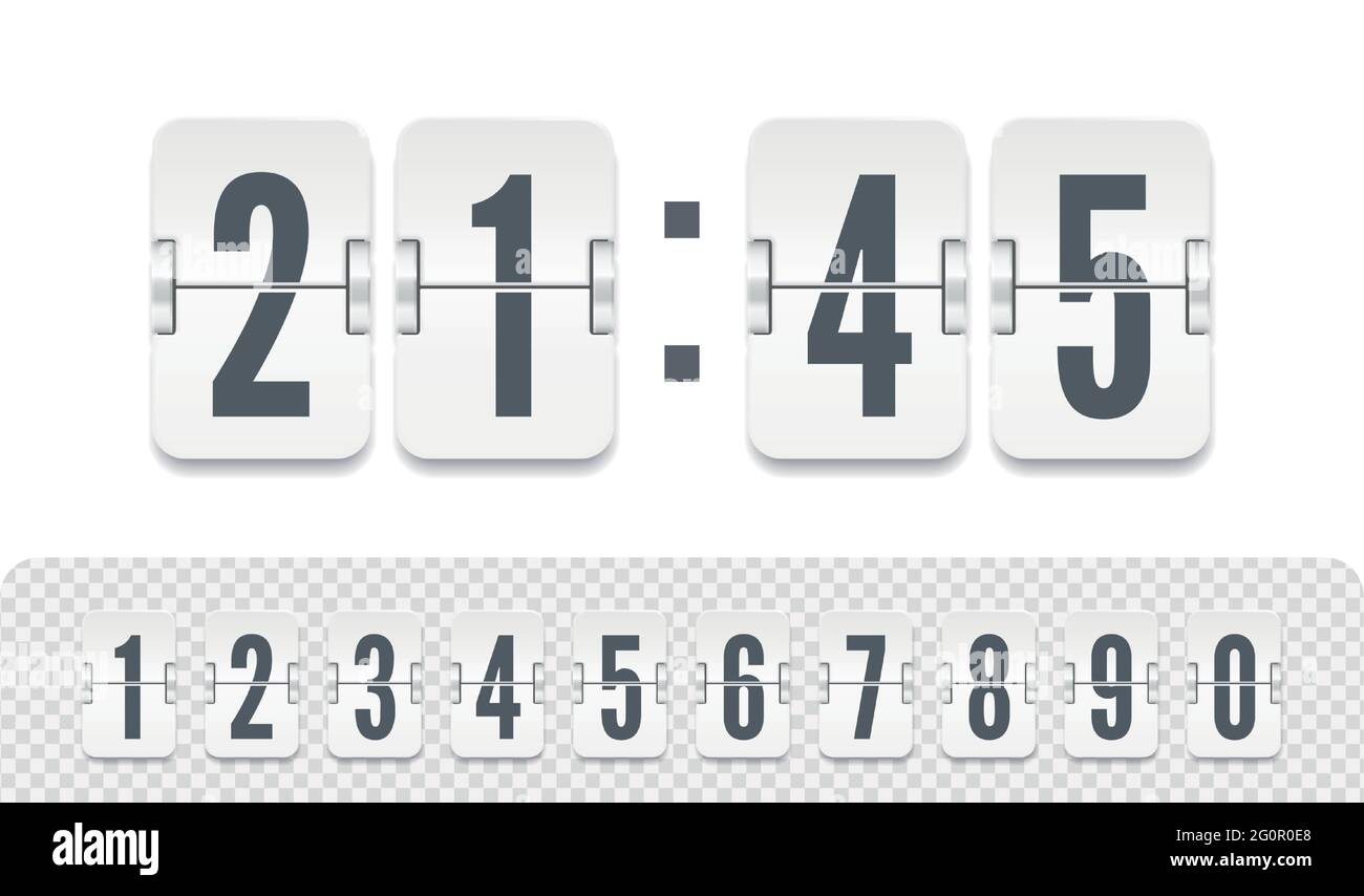 Vector illustration template. White scoreboard number font. Vintage flip clock time counter ...