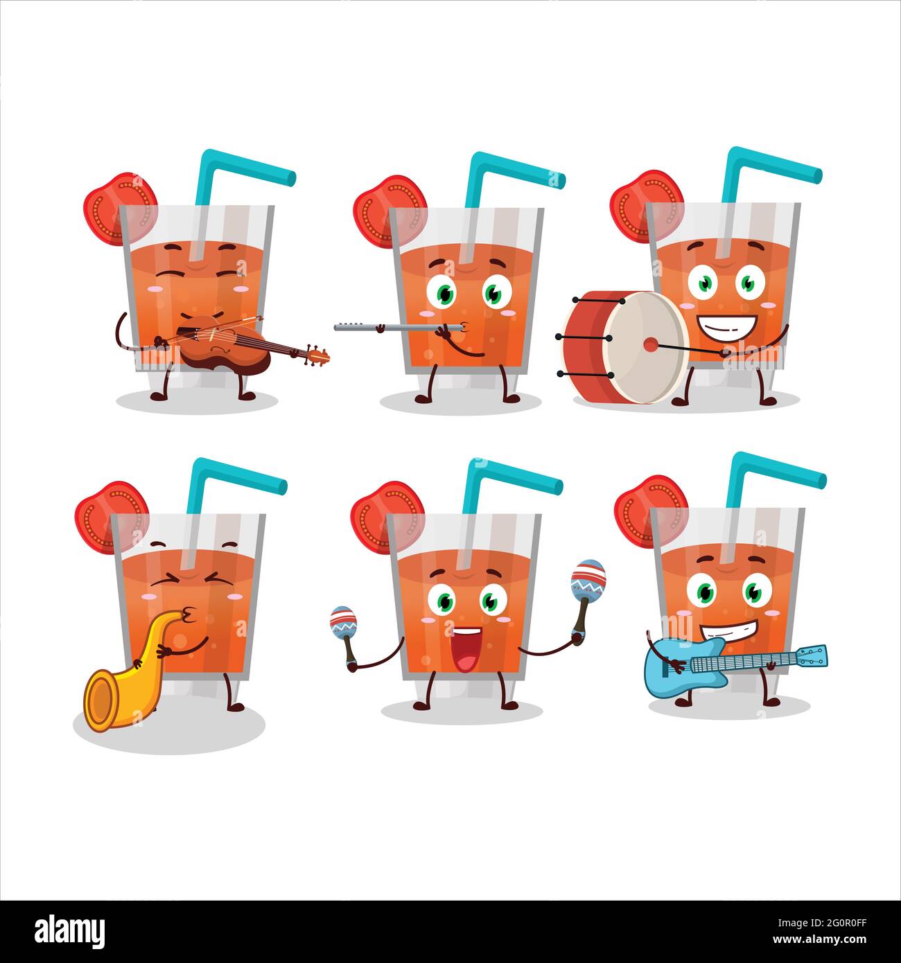 Cartoon character of tomato juice playing some musical instruments ...