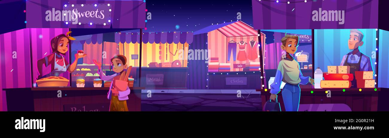 People visit night fair with outdoor market stalls, booths and kiosks ...