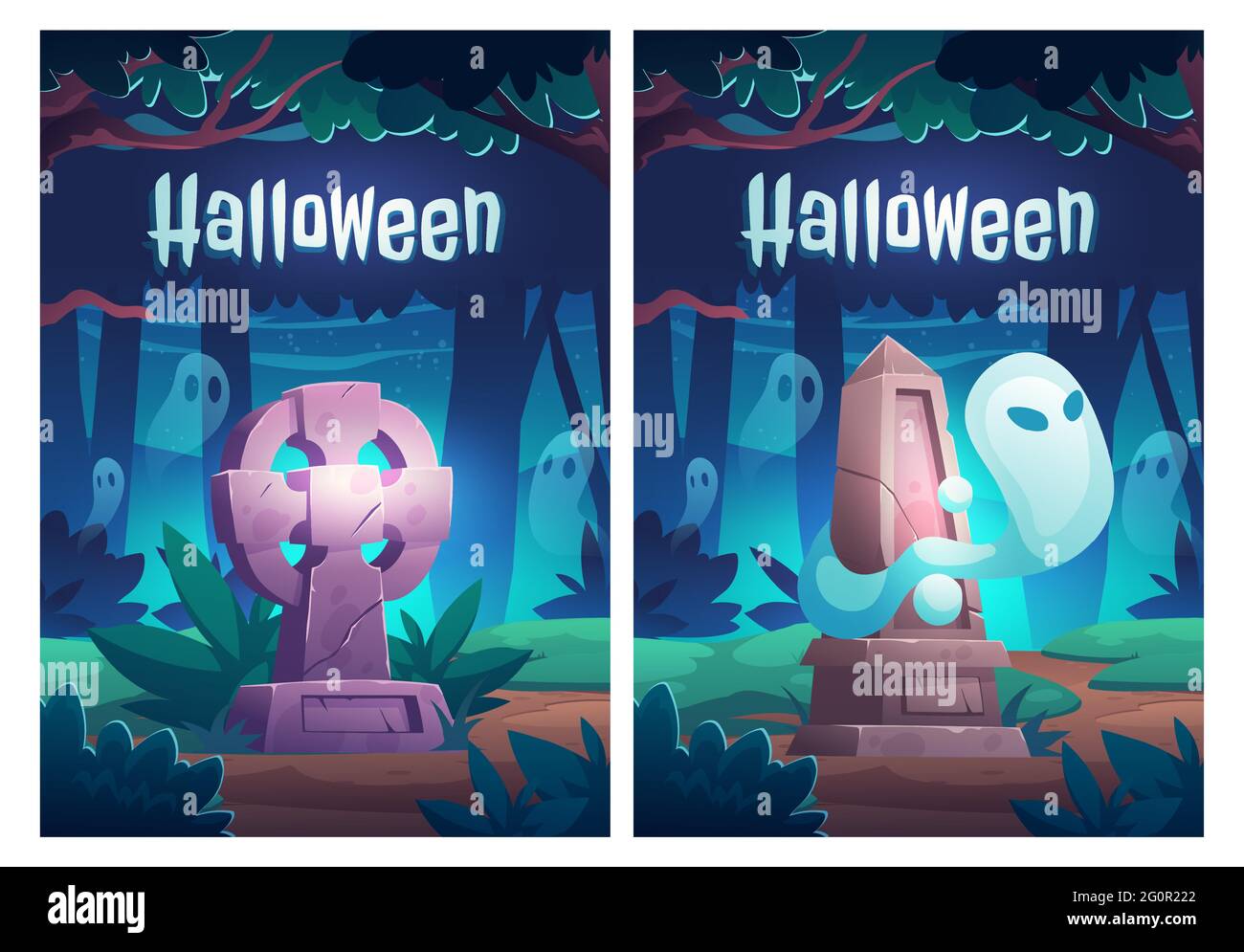 Halloween poster with ghosts on old cemetery. Night landscape with ...