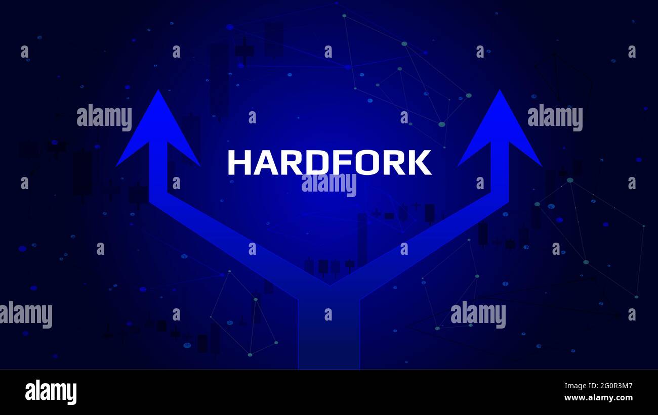Cryptocurrency hardfork concept with double arrow on dark blue ...