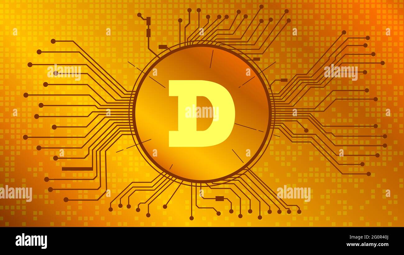 Dogecoin DOGE cryptocurrency token symbol in circle with PCB tracks on ...