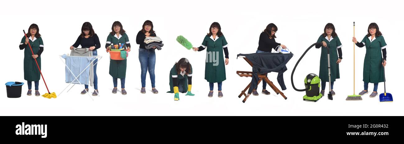 woman doing different cleaning tasks on white background Stock Photo ...