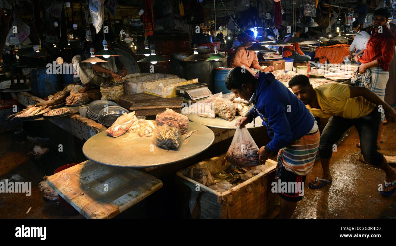 An indoor fish market at the Karwan Bazar market in Dhaka, Bangladesh ...