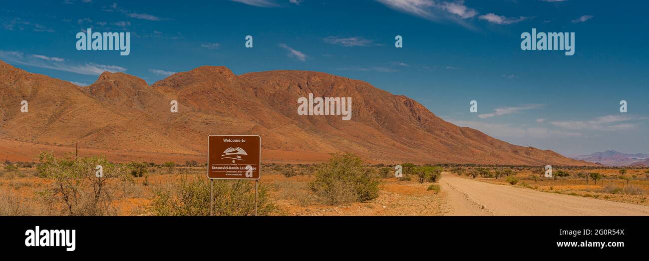 Panorama at Namib Desert, landscape with the sign Sossusvlei Namib ...